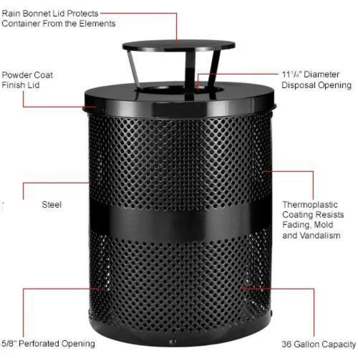Trash Can Outdoor 36 Gallon, Diamond Mesh Steel with Rain Bonnet Lid ...