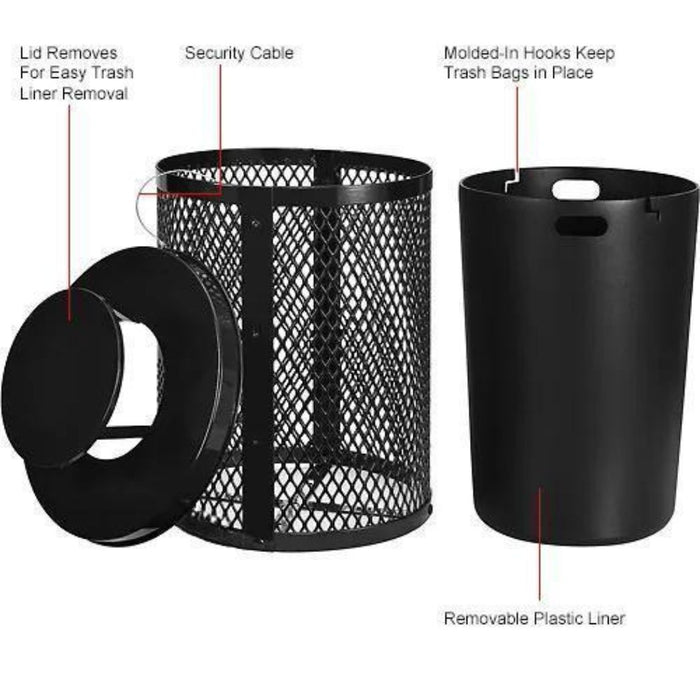 Trash Can Outdoor 36 Gallon, Diamond Mesh Steel with Rain Bonnet Lid ...